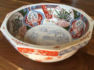 Large 18 1/2 Inch Asian Bowl With Birds And Floral Patterns