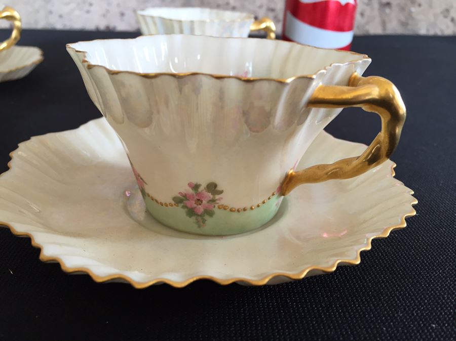 Vintage Hand Painted Belleek Ireland Cups And Saucers