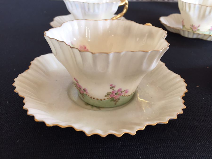 Vintage Hand Painted Belleek Ireland Cups And Saucers