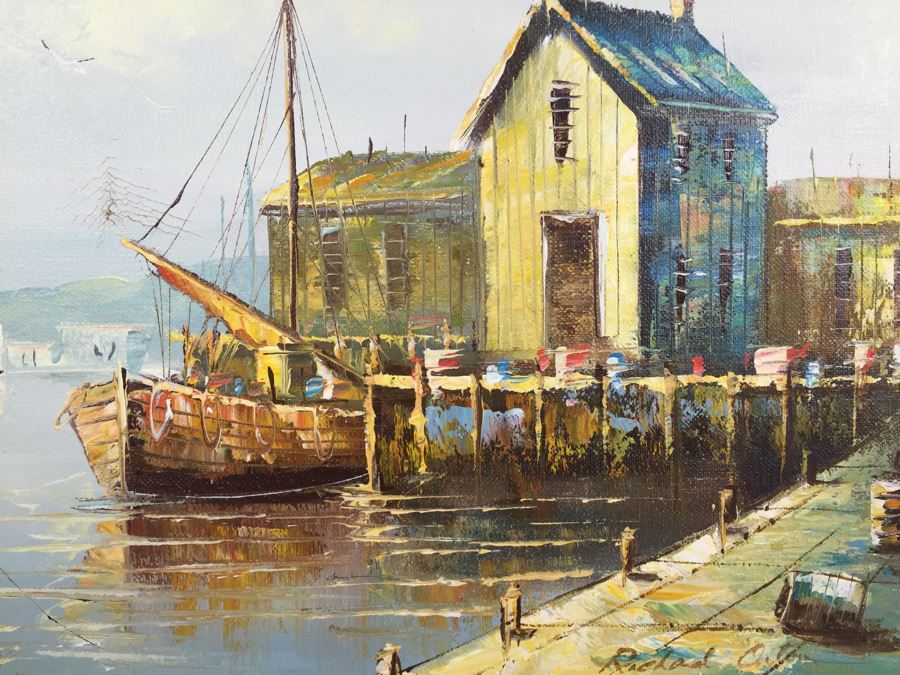 Original Oil Painting Of Ships In The Harbor Signed By Artist