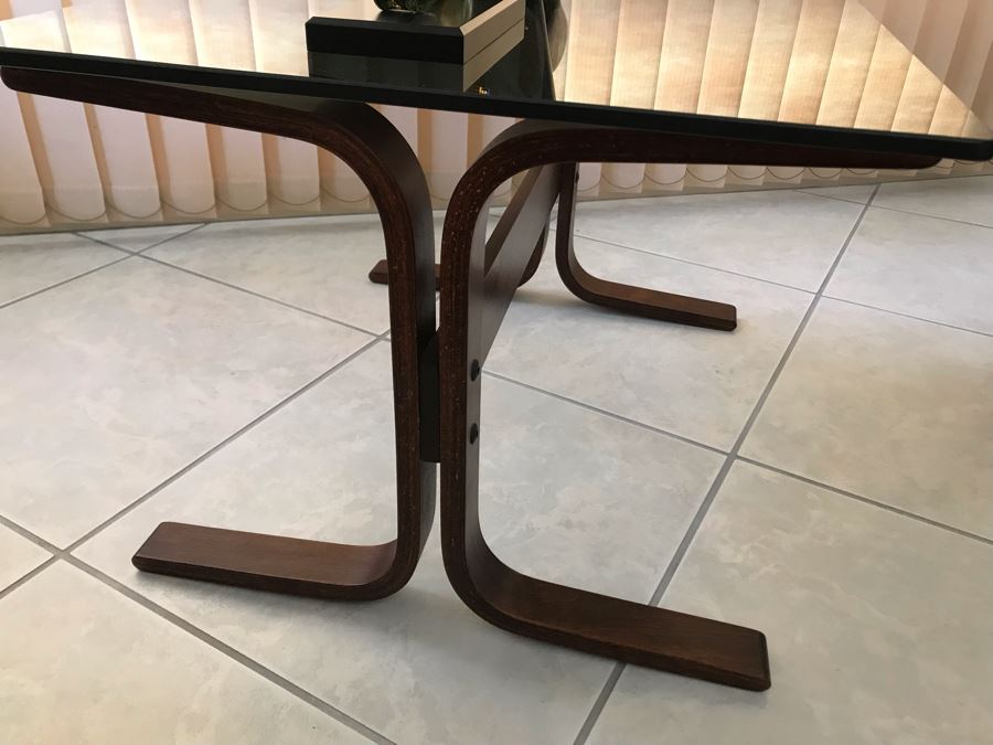Mid-Century Modern Bent Wood Base Side Table With Glass Top
