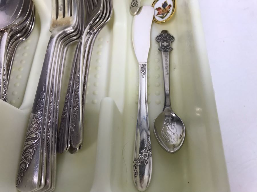 Silverplate Flatware Set With Rolex Tourist Spoon And Cloisonne Spoon