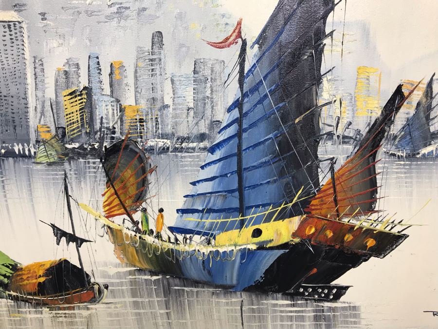 Framed Original Signed Oil Painting Of Chinese Junk Boats By Robert Lo framed-original-signed-oil-painting-of-chinese-junk-boats-by-robert-lo