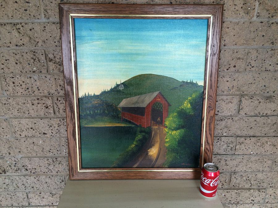 Folk Art Original Oil Painting Covered Bridge - Signed Stanwick?