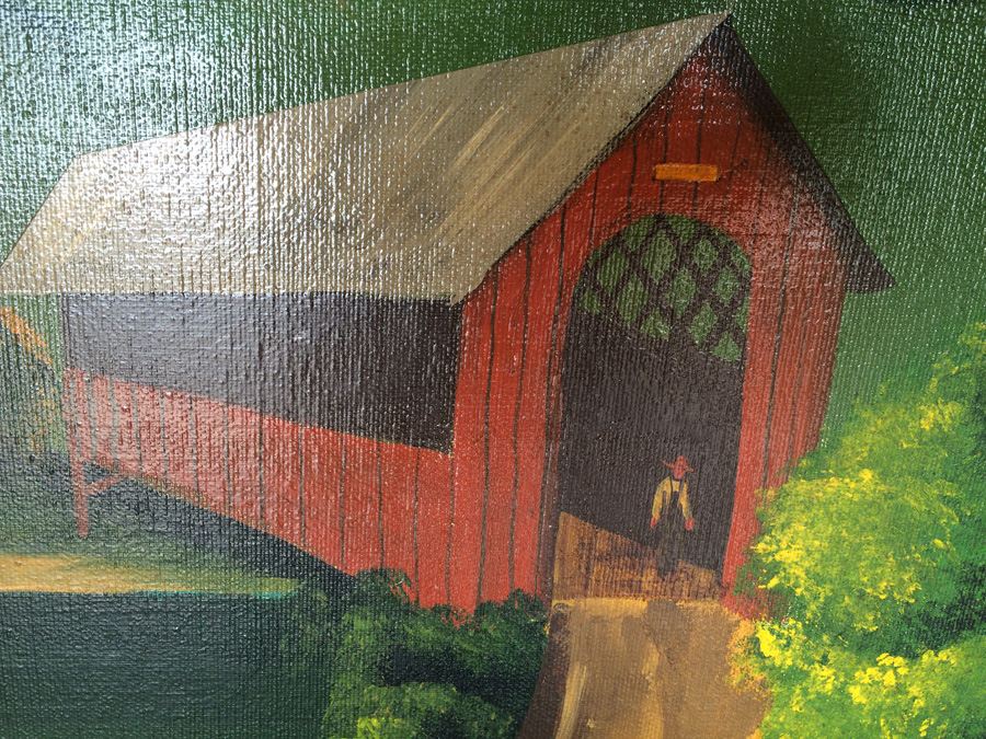 Folk Art Original Oil Painting Covered Bridge - Signed Stanwick?