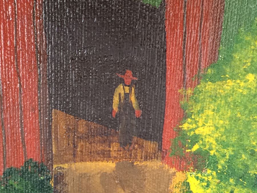 Folk Art Original Oil Painting Covered Bridge - Signed Stanwick?