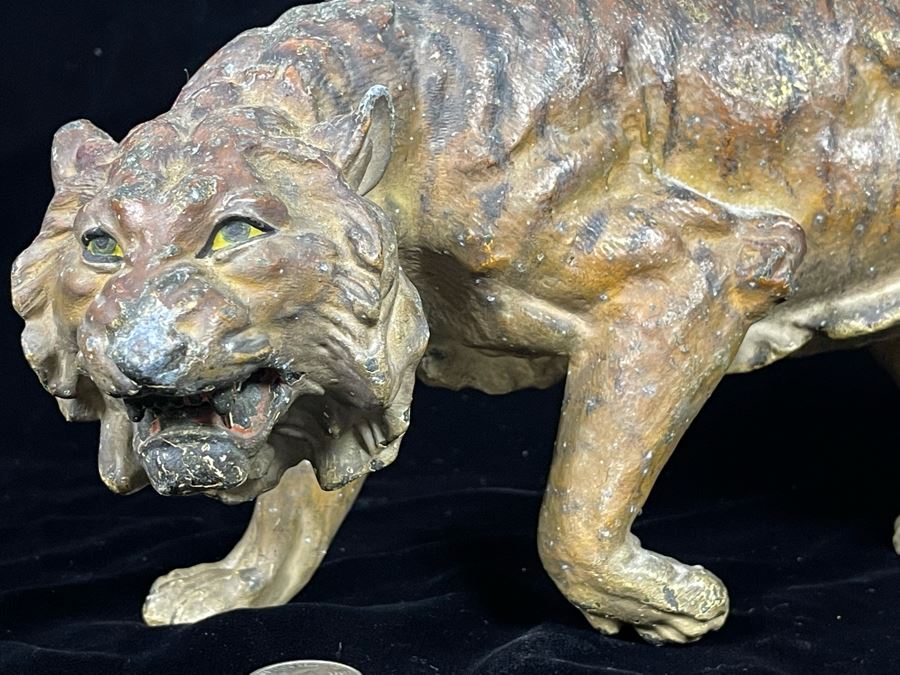 Vintage Hand Painted Asian Metal Tiger Sculpture 12W X 6D X 5.5H