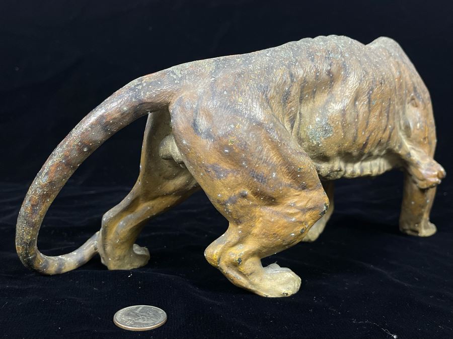 Vintage Hand Painted Asian Metal Tiger Sculpture 12W X 6D X 5.5H