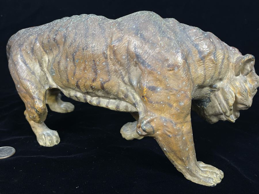 Vintage Hand Painted Asian Metal Tiger Sculpture 12W X 6D X 5.5H