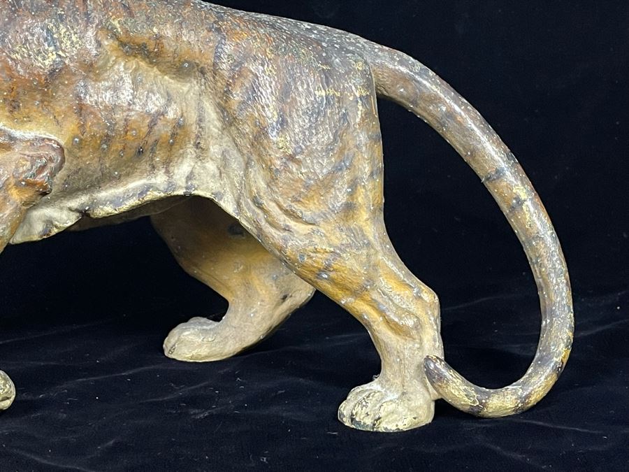 Vintage Hand Painted Asian Metal Tiger Sculpture 12W X 6D X 5.5H