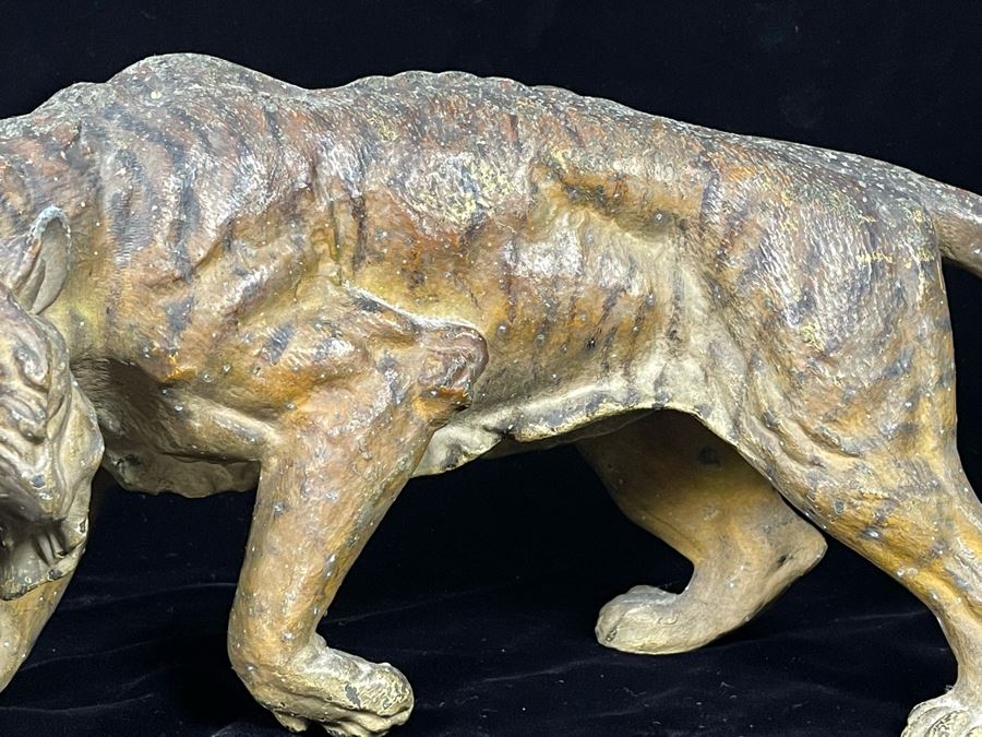 Vintage Hand Painted Asian Metal Tiger Sculpture 12W X 6D X 5.5H