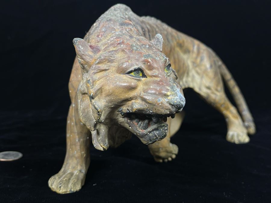 Vintage Hand Painted Asian Metal Tiger Sculpture 12W X 6D X 5.5H