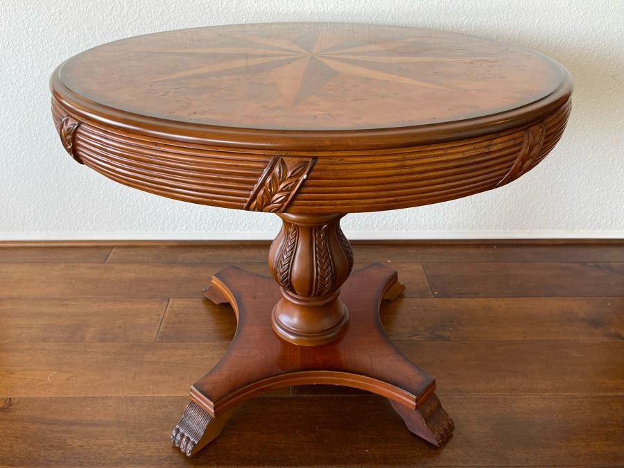 Inlaid Wooden Pedestal Table 3’R X 2’6”H