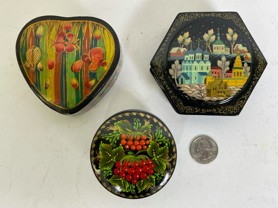 (3) Handpainted Russian / Ukraine Lacquer Boxes