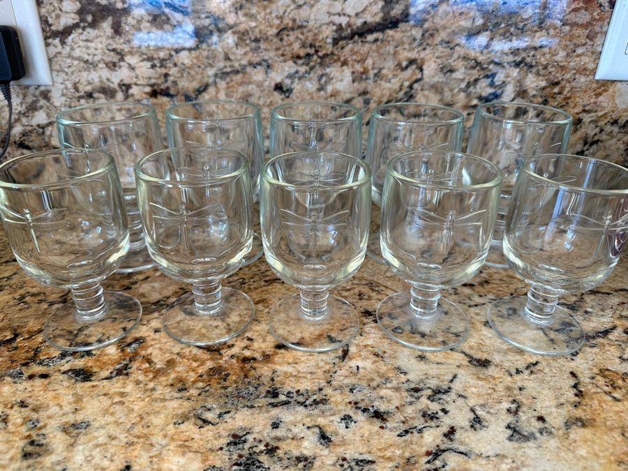 (10) La Rochere France Footed Glasses With Dragonfly Design 4 3/4H