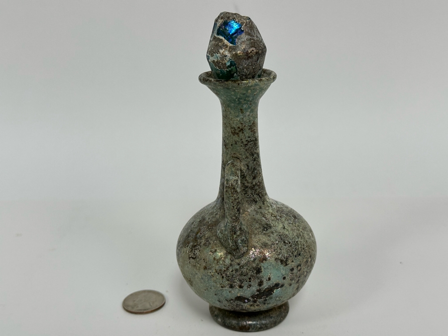 Ancient Roman Iridescent Glass Vessel Double Handled Bottle With ...