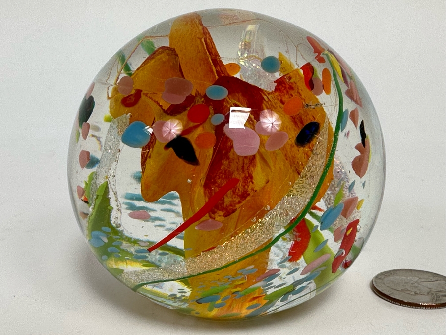 Signed Art Glass Paperweight 3W X 3H