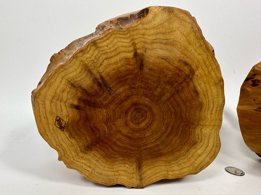 Pair Of Vintage Boho Hand Carved Burl Wood Basket 10w X 9d X 8h