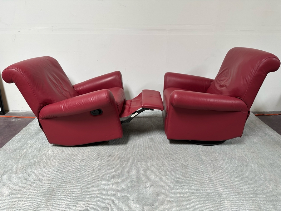Pair Of Red Leather Swivel Reclining Side Chairs 37W X 32D X 38H