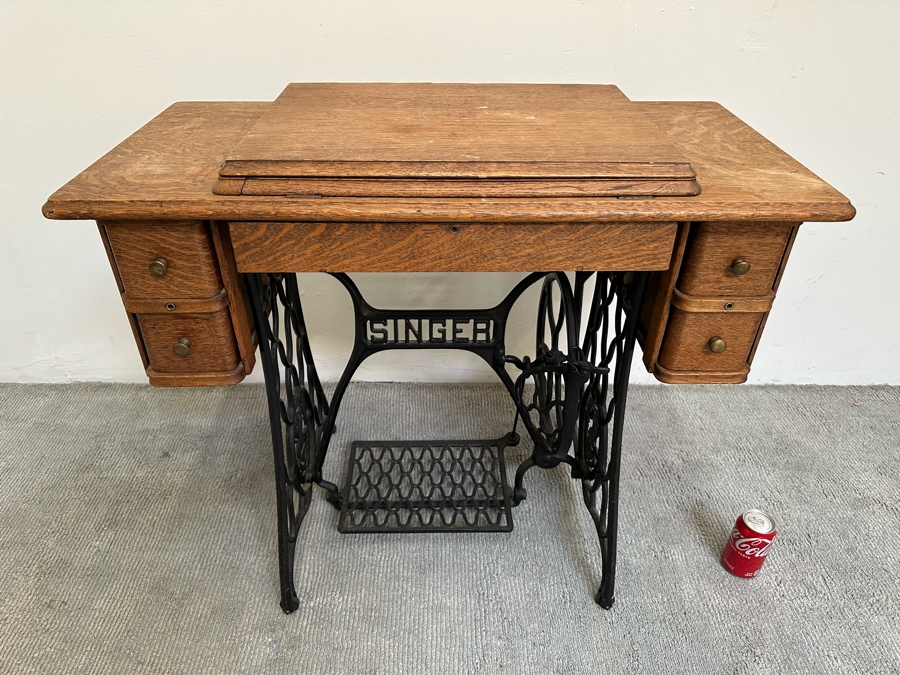 Antique Singer Treadle Sewing Machine With Tiger Oak Cabinet Missing ...
