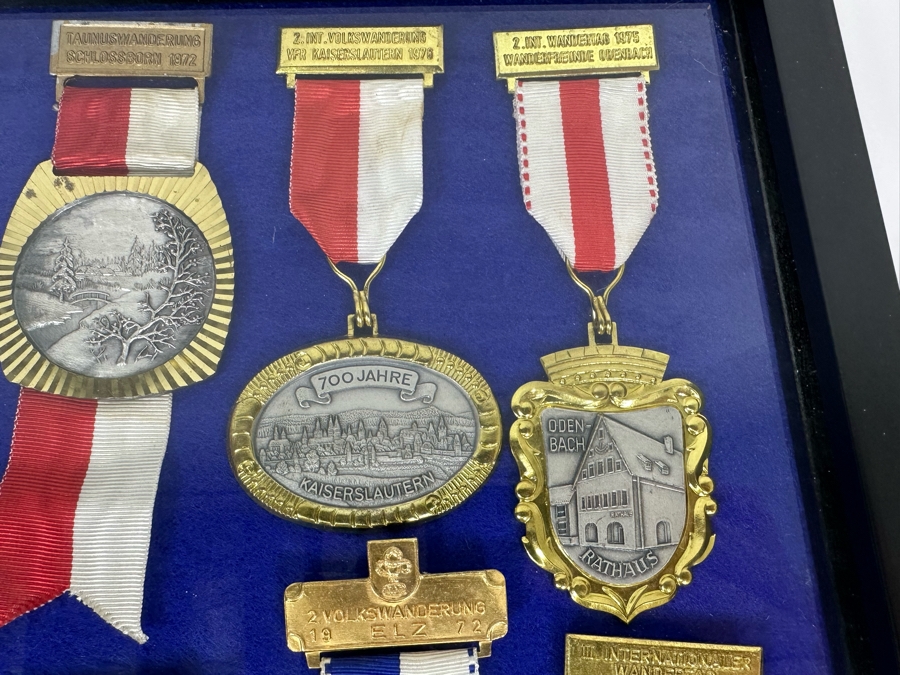 Vintage 1970s German Volksmarch Volkswanderung Medals Nicely Displayed In A Shadowbox Frame 21 X 17