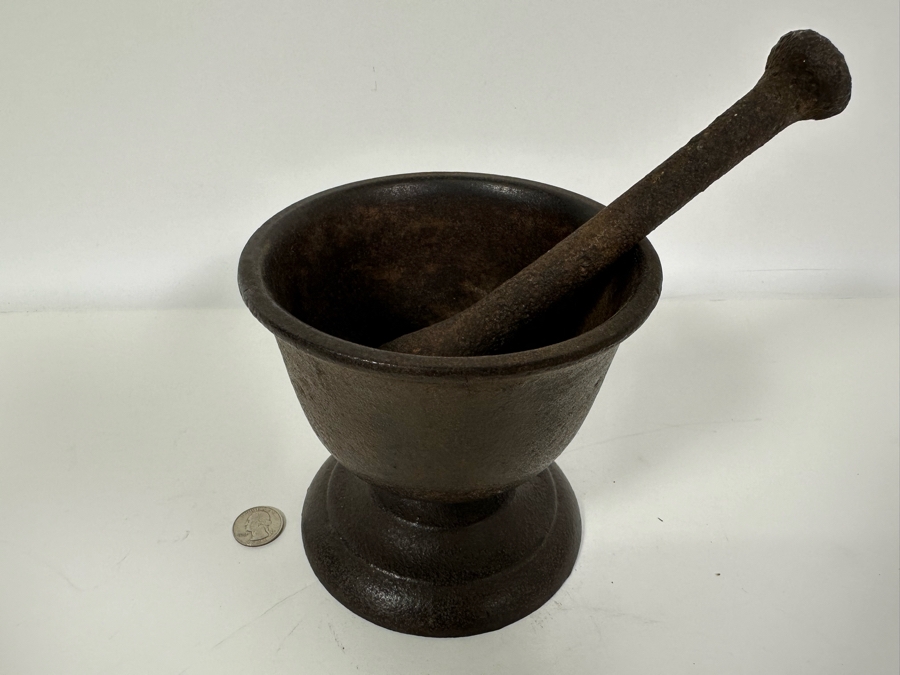 Antique Cast Iron Apothecary Mortar 6W X 5.5H & Pestle 8L Iron Medicine Bowl