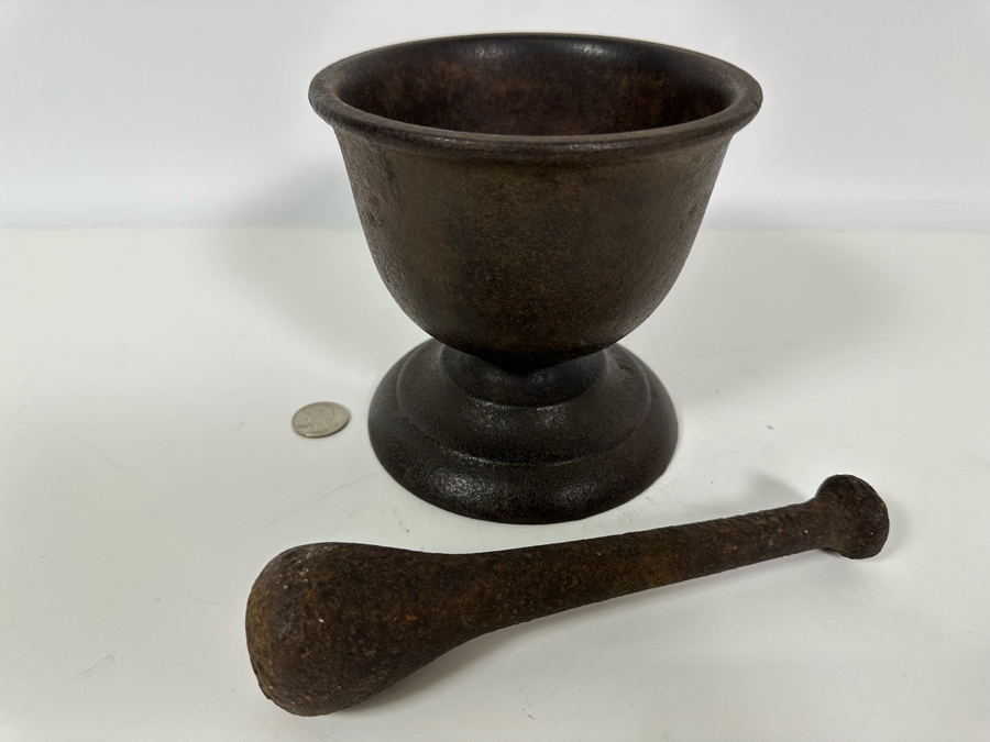 Antique Cast Iron Apothecary Mortar 6W X 5.5H & Pestle 8L Iron Medicine Bowl