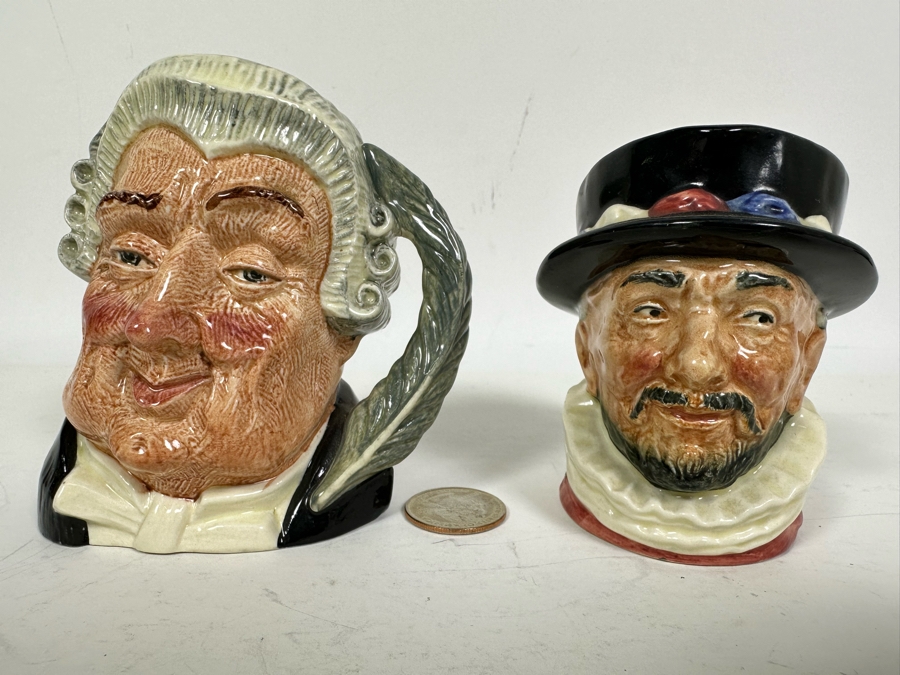 Pair Of Small Royal Doulton Toby Mugs: The Lawyer D6504 1958 4H & Beefeaters 1946 3.25H