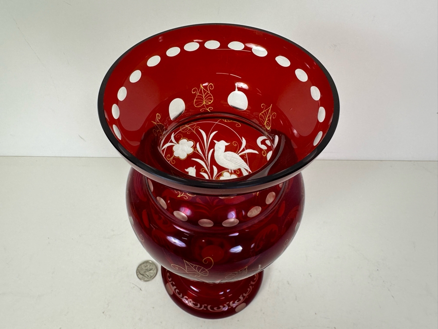Etched Ruby Red Crystal Vase 10'H