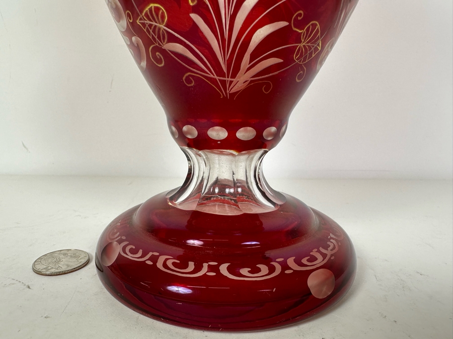 Etched Ruby Red Crystal Vase 10'H