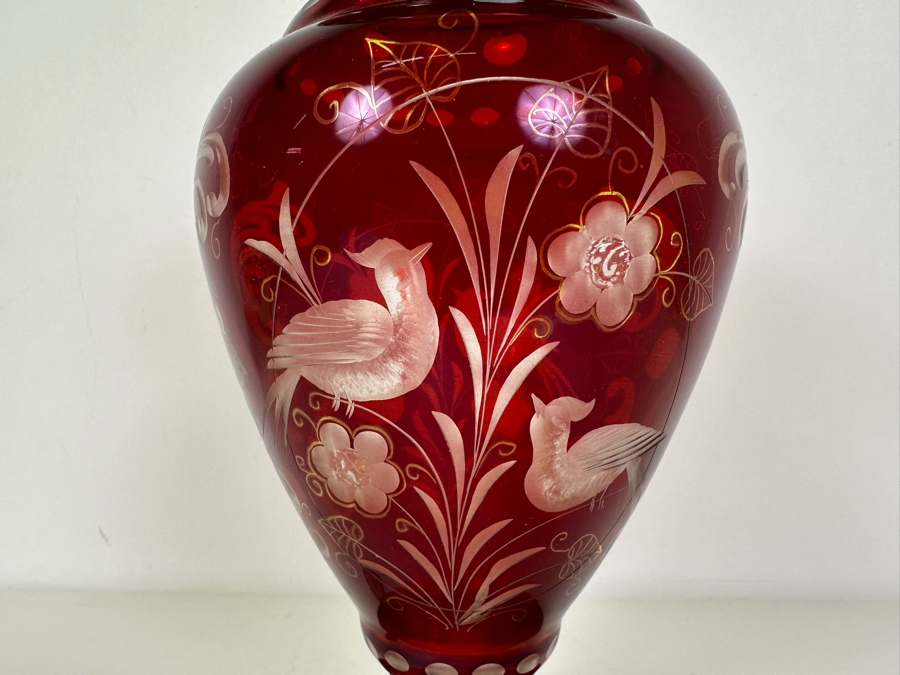 Etched Ruby Red Crystal Vase 10'H