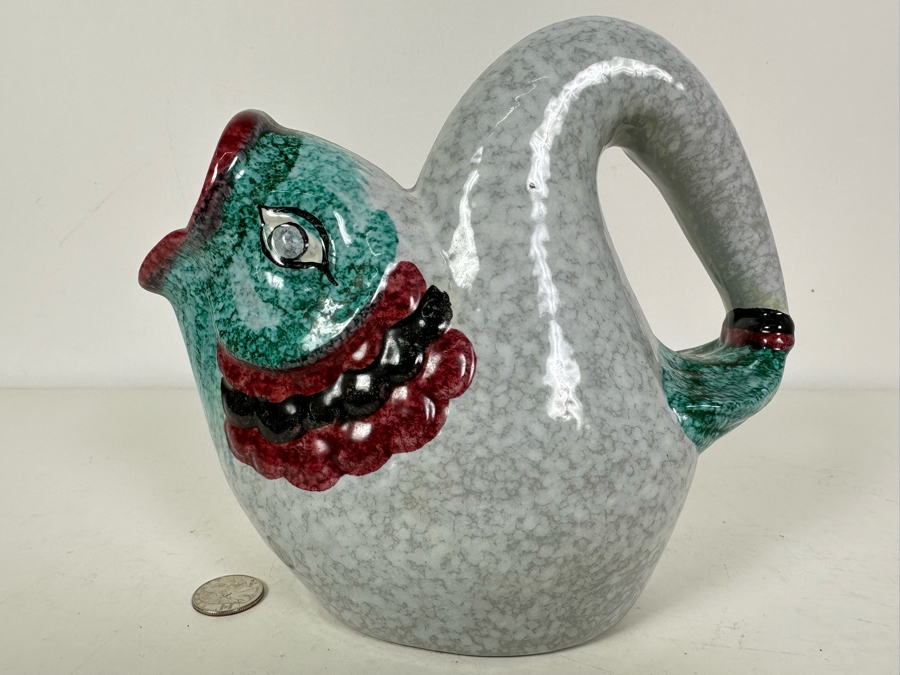 Vintage MCM Italian Hand Painted Ceramic Fish Pitcher 9'W X 8'H