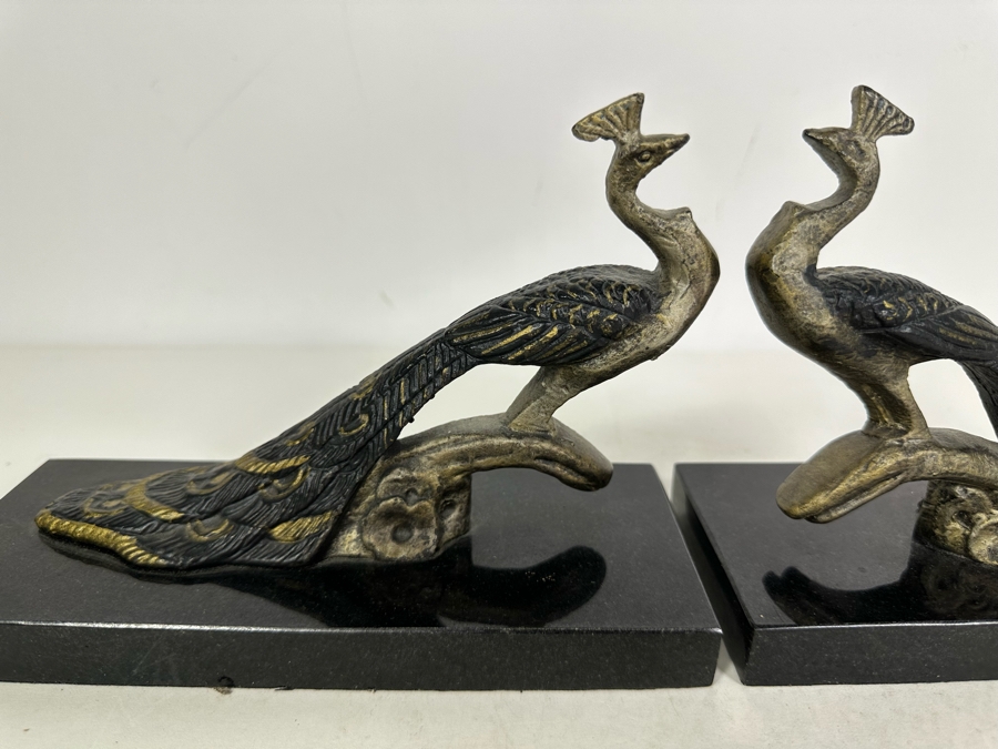 Pair Of Contemporary Metal Peacock Bookends With Black Marble Bases 8.5 ...