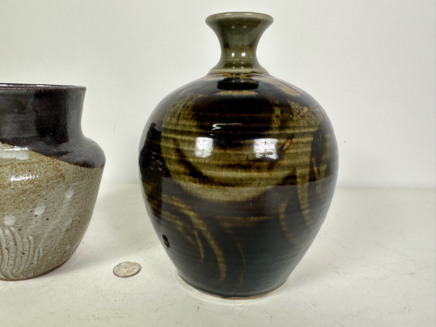 Pair Of Artist Signed Pottery Vases 6.5'H & 8.5'H