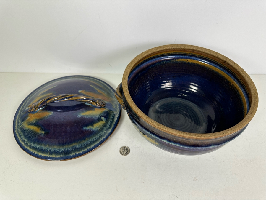 Artist Signed Studio Pottery Blue Pot with Lid