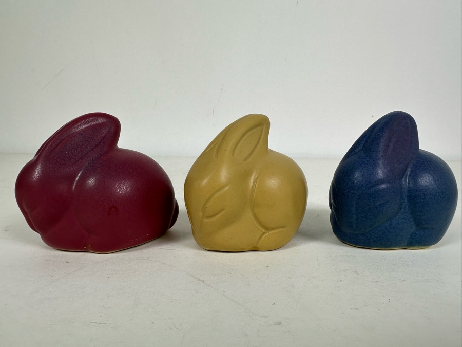 Set of 3 Signed Art Pottery Van Briggle Red, Yellow and Blue Bunny Rabbits