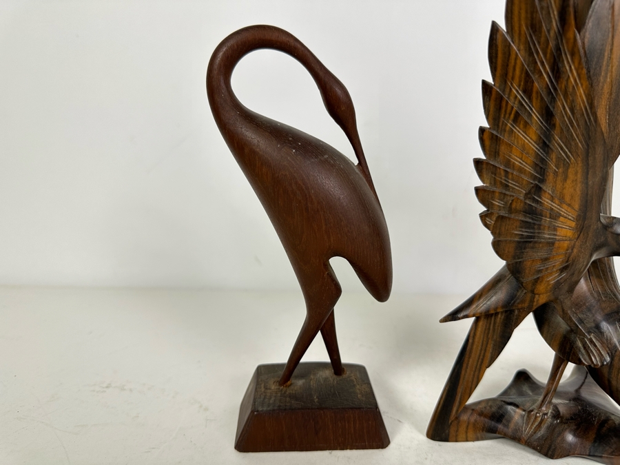 Three Carved Wooden Bird Figurines 9'H