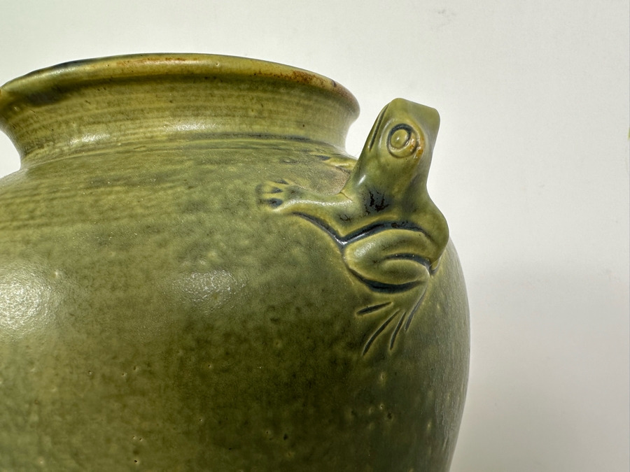Just Added - Vintage Art Pottery Green Vase With Frogs Attached Artist ...