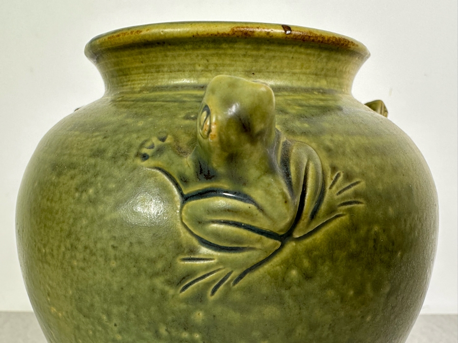 Just Added - Vintage Art Pottery Green Vase With Frogs Attached Artist ...