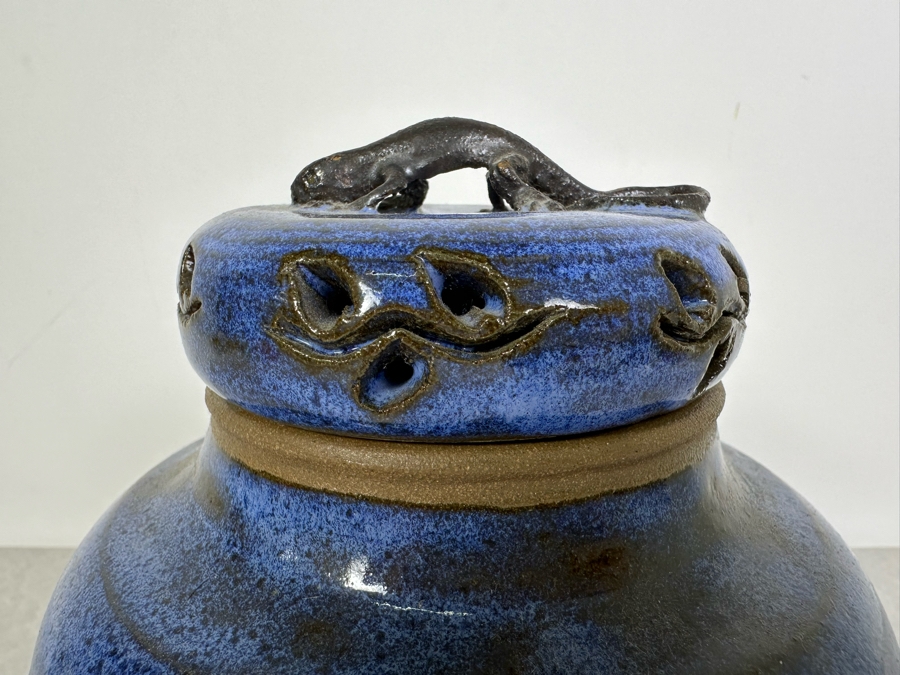 Just Added - Vintage Art Pottery Blue Jar With Lid And Salamander ...