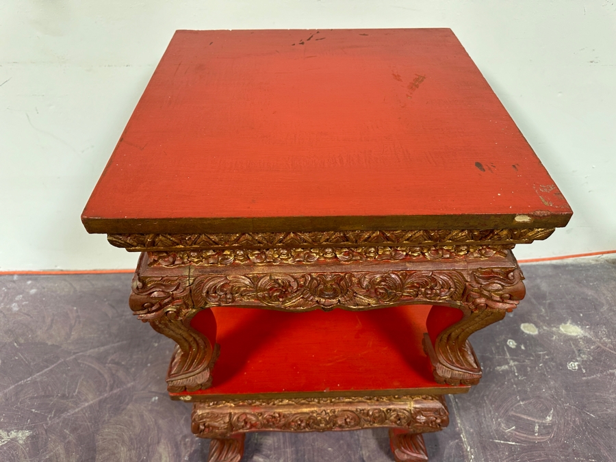 Two Vintage Thai Wooden Low Red & Gold Carved Wooden Tables With Floral ...