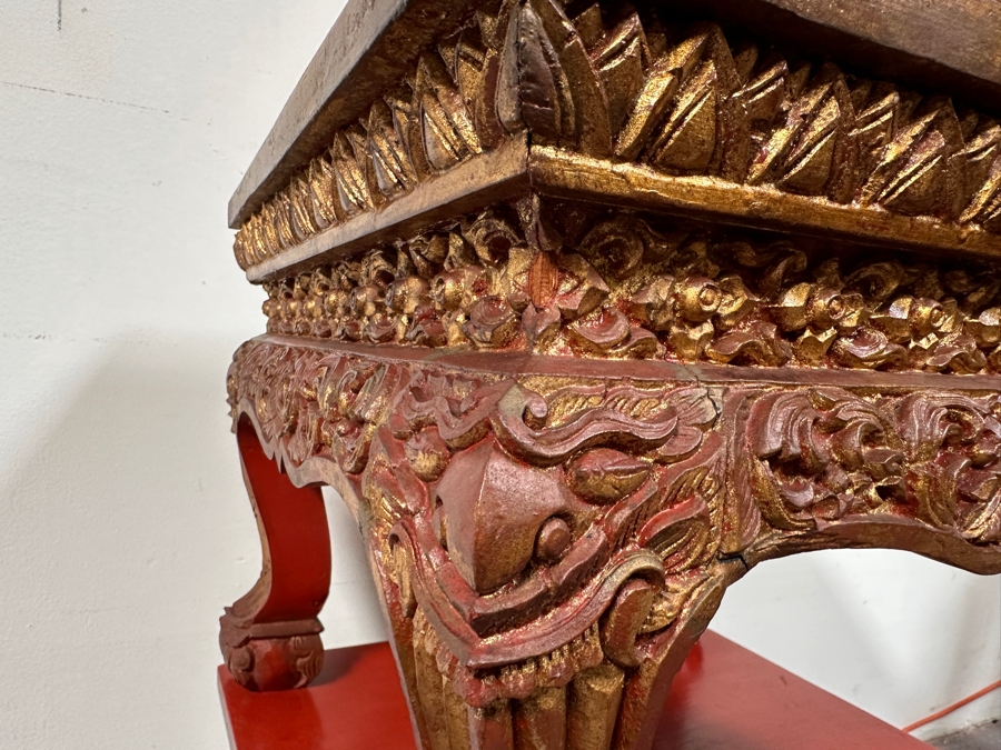 Two Vintage Thai Wooden Low Red & Gold Carved Wooden Tables With Floral ...