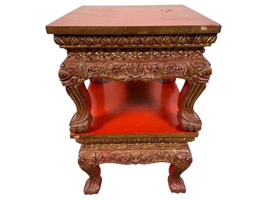 Two Vintage Thai Wooden Low Red & Gold Carved Wooden Tables With Floral ...