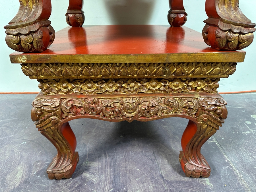 Two Vintage Thai Wooden Low Red & Gold Carved Wooden Tables With Floral ...