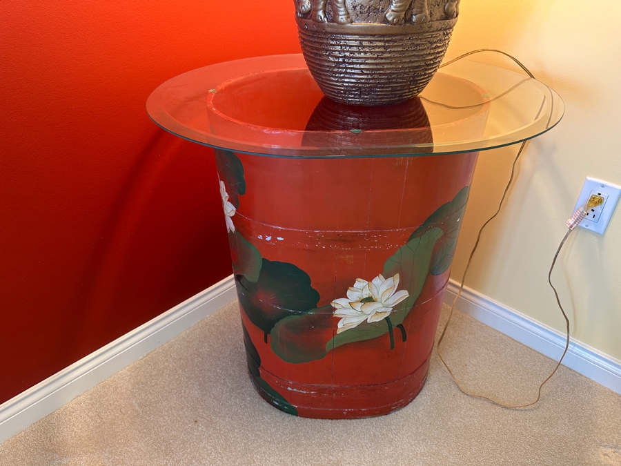 Vintage Chinese Hand Painted Red Lacquer Lotus Flowers Barrel Bucket Side Table With Glass Top ...