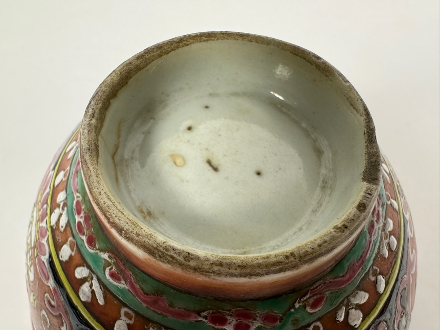 Antique Chinese Hand Painted Thai Benjarong Polychrome Porcelain Bowl With Wooden Stand 4.25W X ...