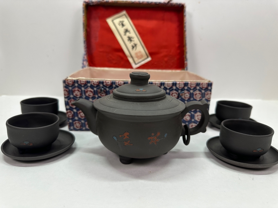 Vintage Asian Clay Teapot Set With Four Cups And Saucers And Original Box