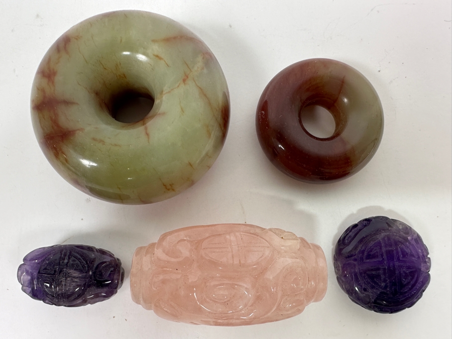 (5) Carved Stone Pieces: Amethyst, Rose Quartz, Jade/Soapstone?