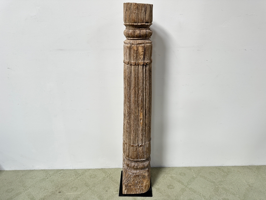 Vintage Hand Carved Architectural Wooden Column With Metal Base 61'H