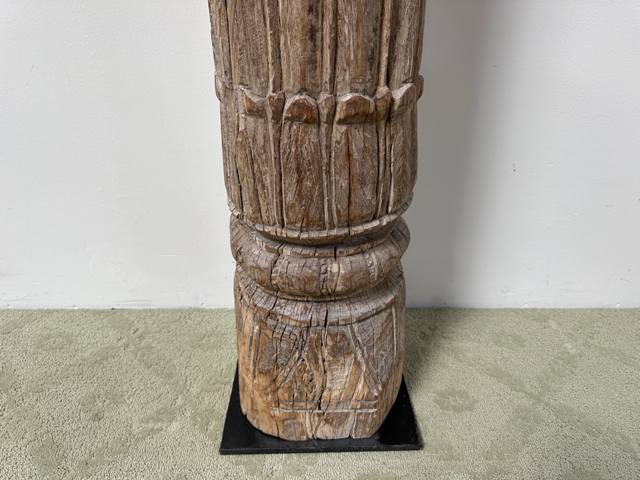 Vintage Hand Carved Architectural Wooden Column With Metal Base 61'H